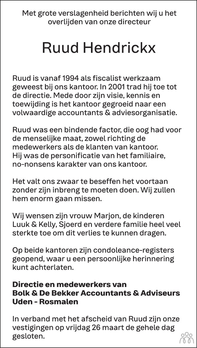 Ruud Hendrickx 18-03-2021 overlijdensbericht en condoleances ...