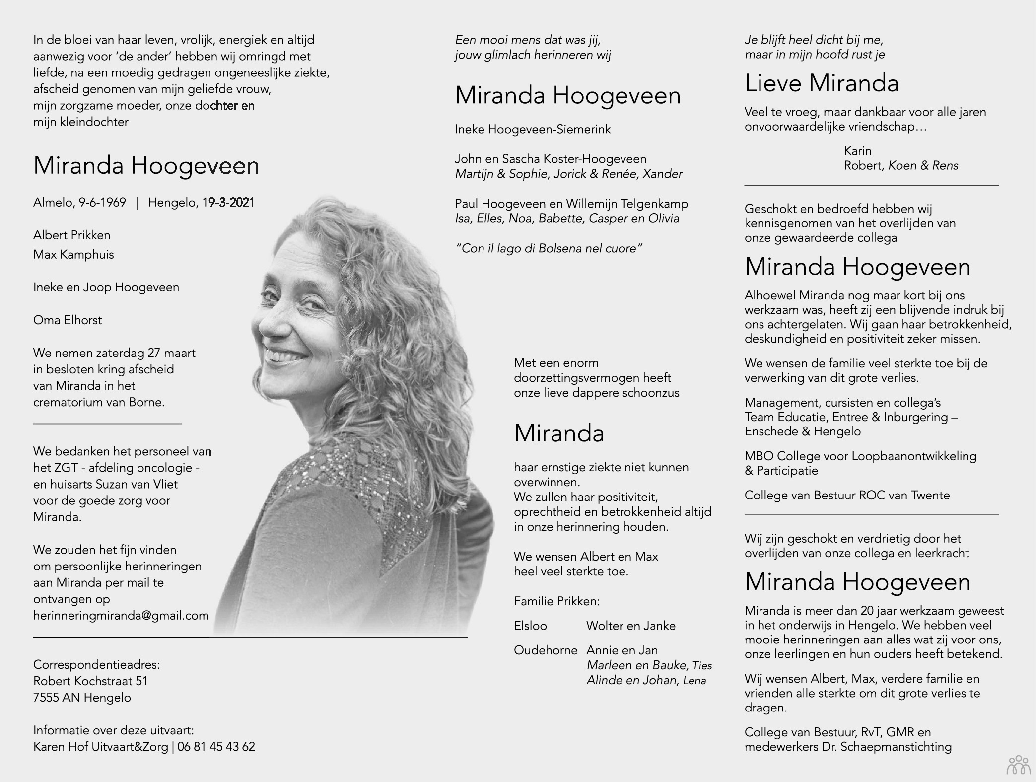 Miranda Hoogeveen 19-03-2021 overlijdensbericht en condoleances ...