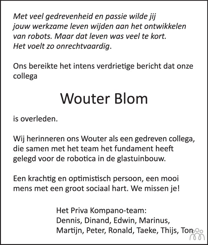 Wouter Blom 21-03-2021 overlijdensbericht en condoleances - Mensenlinq.nl