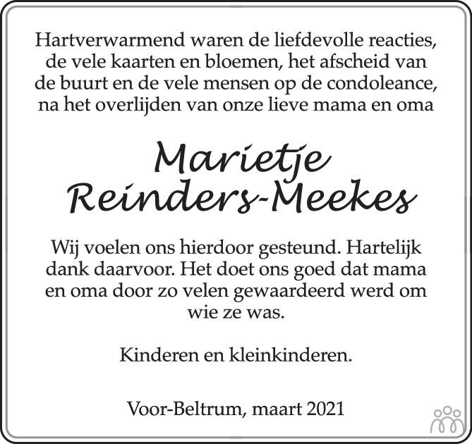Marietje (Maria Grada) Reinders-Meekes 16-02-2021 overlijdensbericht en ...