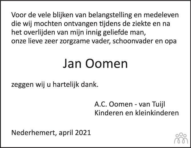 Jan Oomen 17-02-2021 overlijdensbericht en condoleances - Mensenlinq.nl