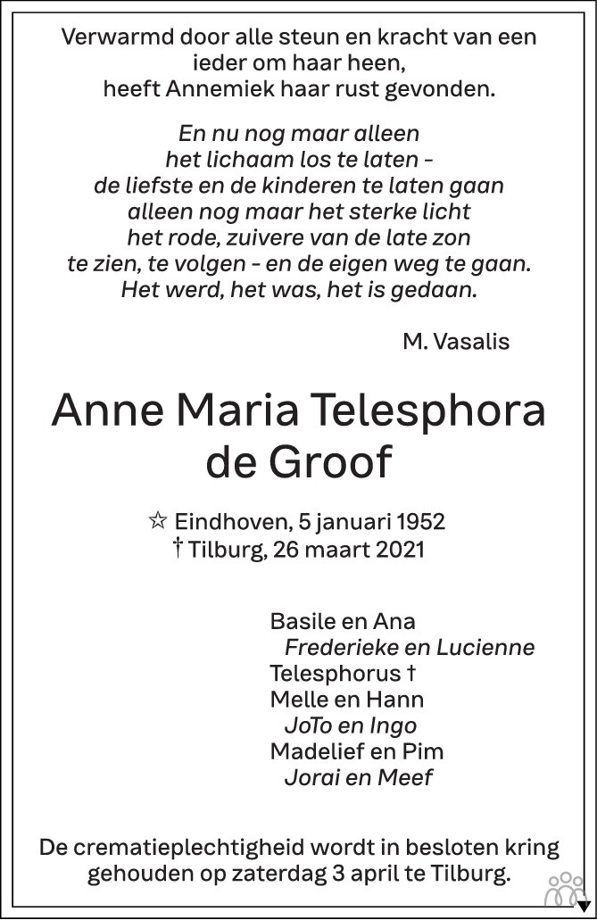 Anne Maria Telesphora de Groof 26-03-2021 overlijdensbericht en ...