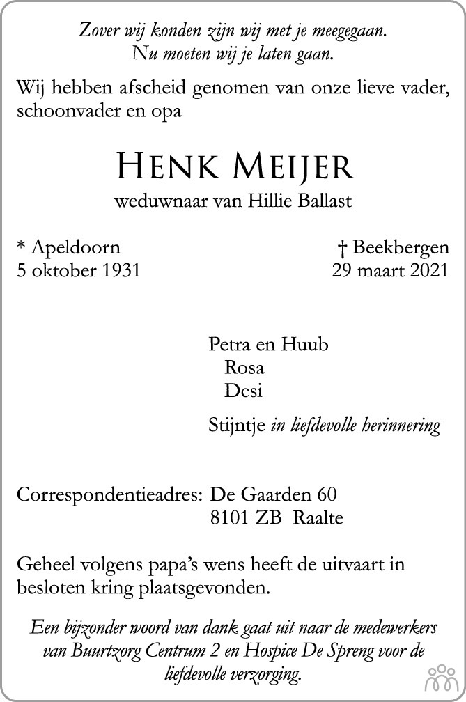 Henk Meijer 29-03-2021 overlijdensbericht en condoleances - Mensenlinq.nl