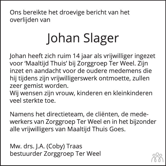 Johan Jacob Slager 04-04-2021 overlijdensbericht en condoleances ...