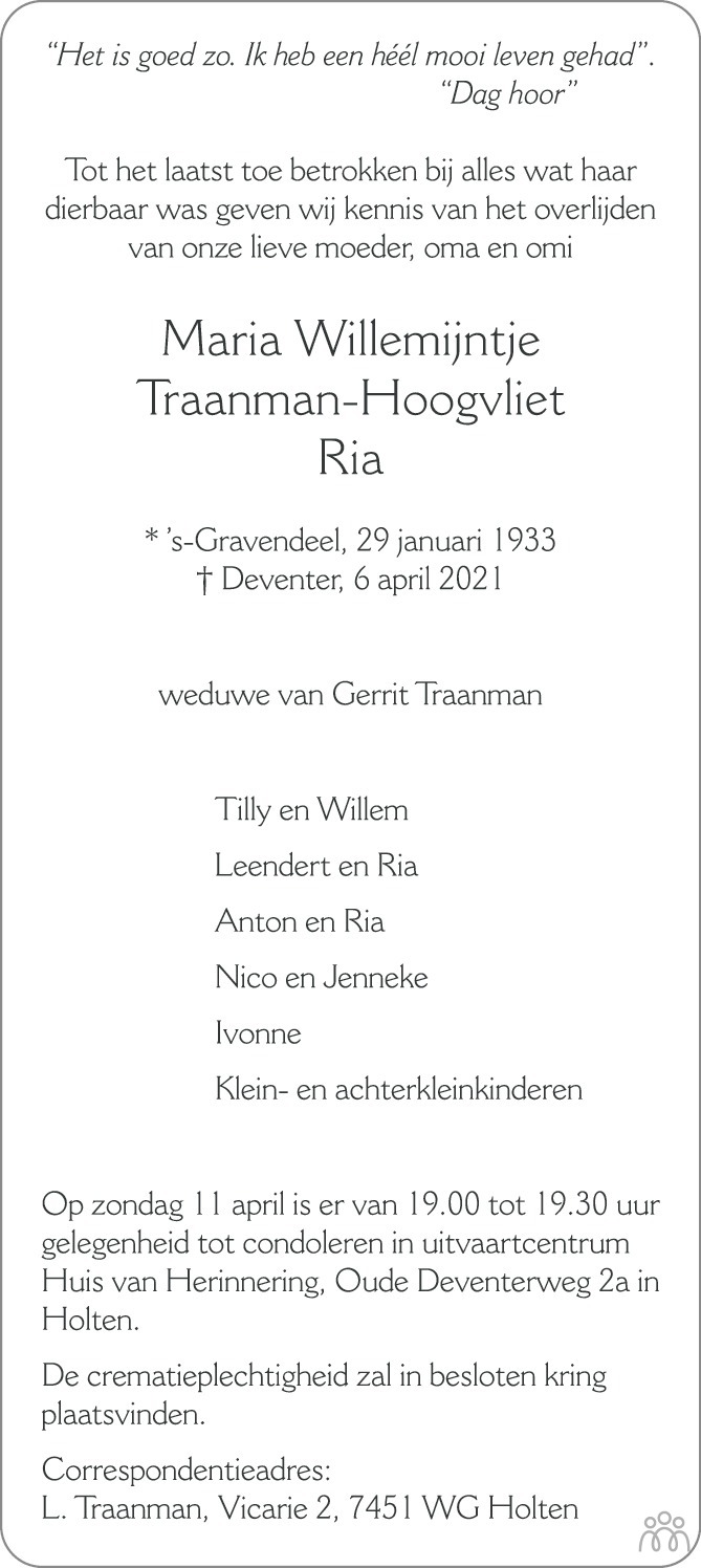 Maria Willemijntje (Ria) Traanman-Hoogvliet 06-04-2021 ...