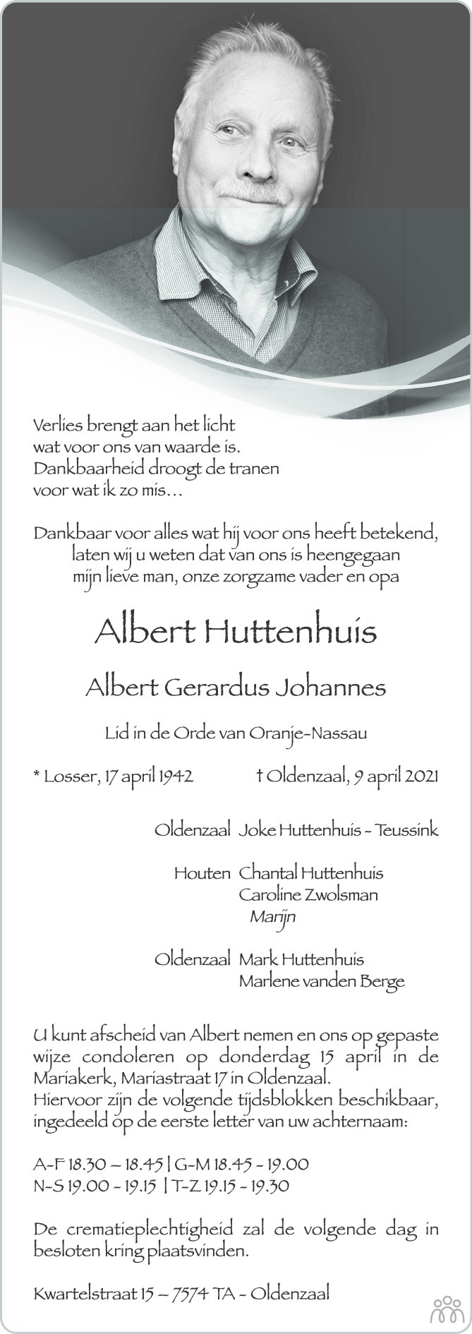 Albert (Albert Gerardus Johannes) Huttenhuis 09-04-2021 ...