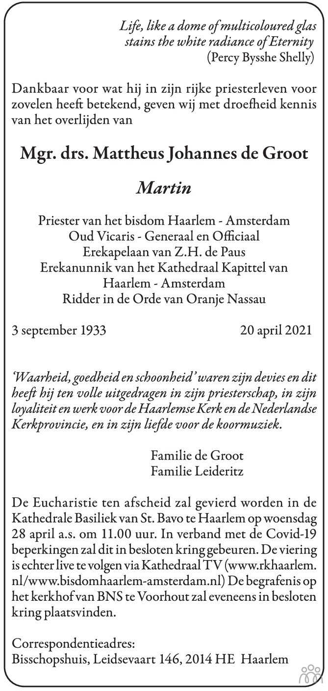 Mattheus Johannes (Martin) de Groot 20-04-2021 overlijdensbericht en ...