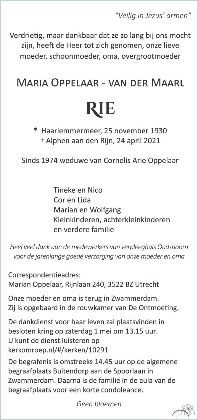 Maria (Rie) Oppelaar-van der Maarl 24-04-2021 overlijdensbericht en ...