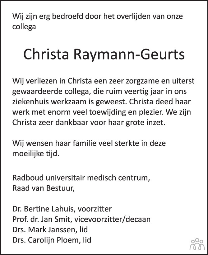 Christa Raymann-Geurts 24-04-2021 overlijdensbericht en condoleances ...
