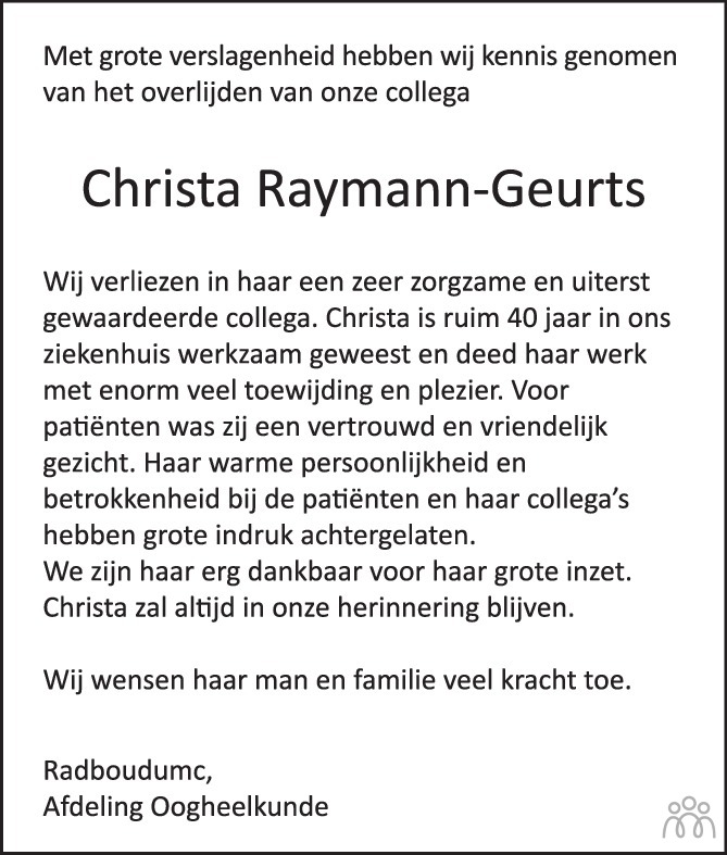 Christa Raymann-Geurts 24-04-2021 overlijdensbericht en condoleances ...