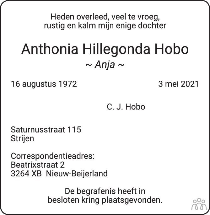 Anthonia Hillegonda (Anja) Hobo 03-05-2021 overlijdensbericht en ...