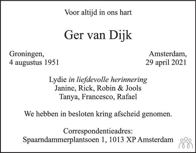 Ger van Dijk 29-04-2021 overlijdensbericht en condoleances - Mensenlinq.nl