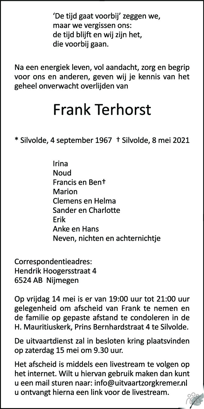 Frank Terhorst 08-05-2021 overlijdensbericht en condoleances ...