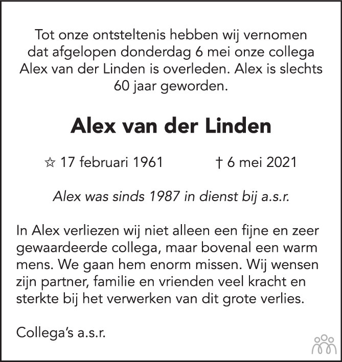 Alex van der Linden 06-05-2021 overlijdensbericht en condoleances ...