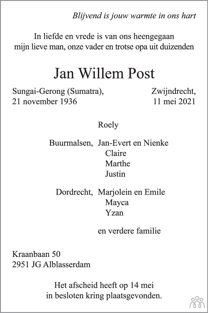 Jan Willem Post 11-05-2021 overlijdensbericht en condoleances ...