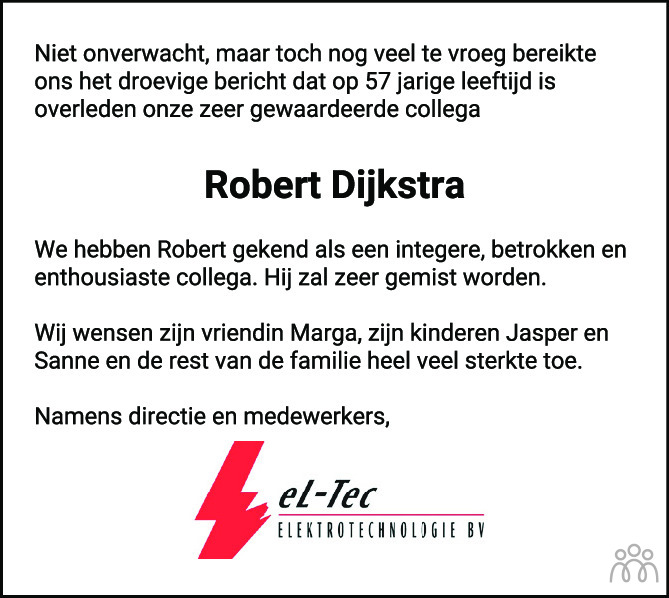 Robert Dijkstra 20-05-2021 overlijdensbericht en condoleances ...