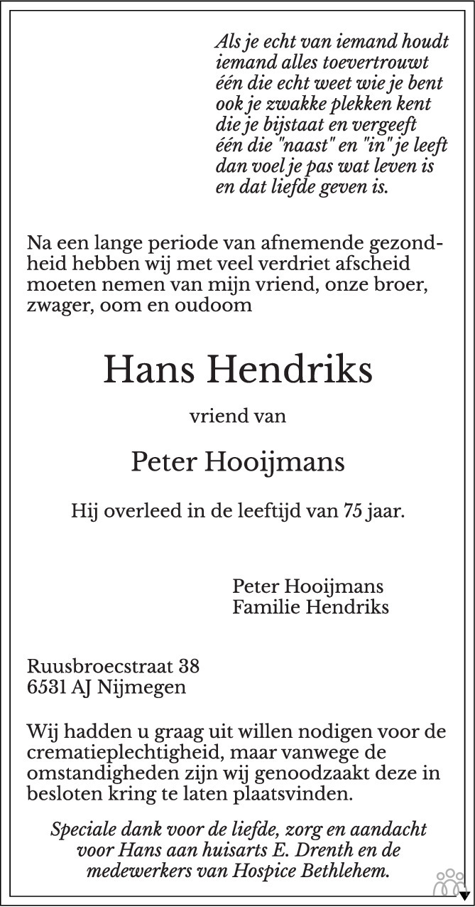 Hans Hendriks 20-05-2021 overlijdensbericht en condoleances - Mensenlinq.nl