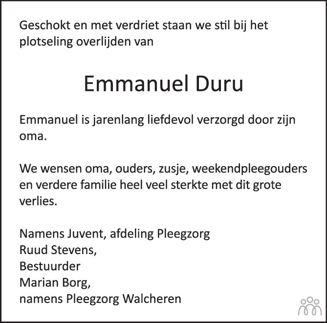Emmanuel Duru 24-05-2021 overlijdensbericht en condoleances - Mensenlinq.nl
