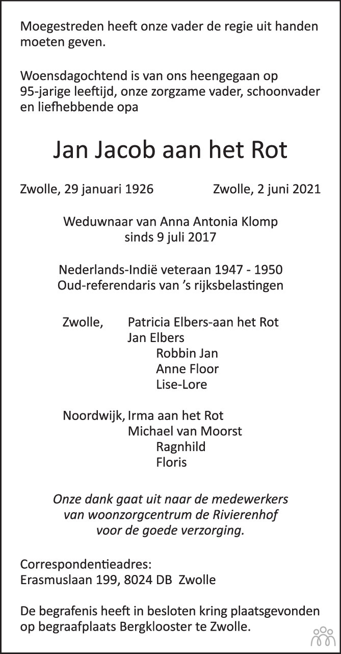 Jan Jacob aan het Rot 02-06-2021 overlijdensbericht en condoleances ...
