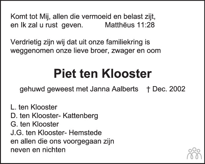 Peter Hendrik (Piet) ten Klooster 20-06-2021 overlijdensbericht en ...