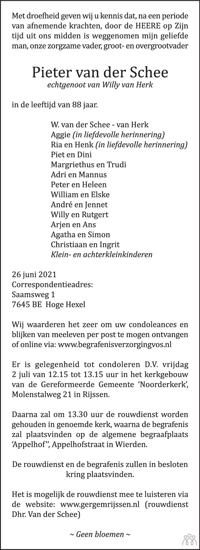 Pieter van der Schee 26-06-2021 overlijdensbericht en condoleances ...