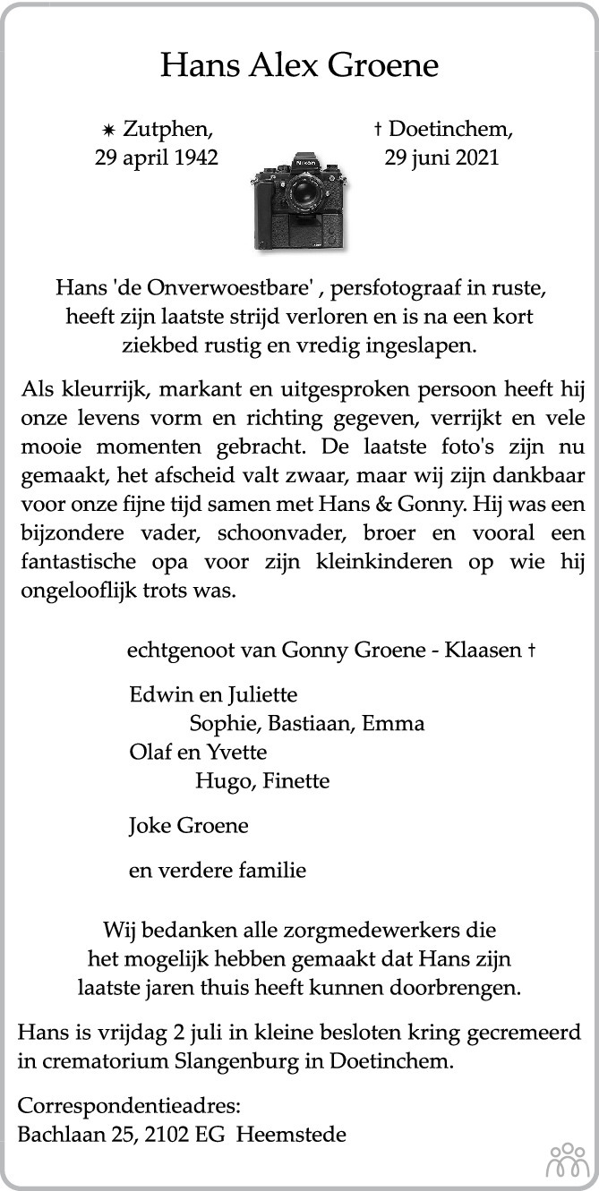 Hans Alex Groene 29-06-2021 overlijdensbericht en condoleances ...