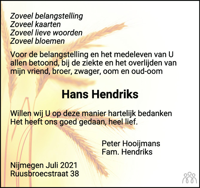 Hans Hendriks 20-05-2021 overlijdensbericht en condoleances - Mensenlinq.nl