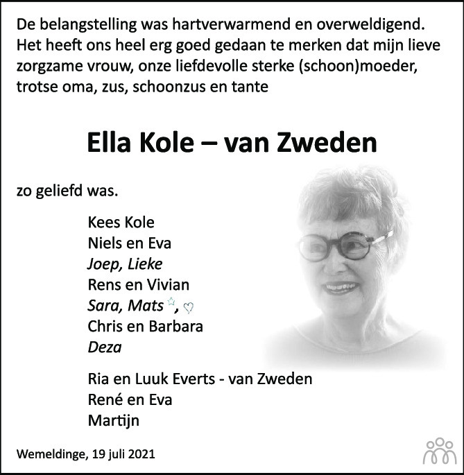 Ella Kole-van Zweden 04-06-2021 overlijdensbericht en condoleances ...