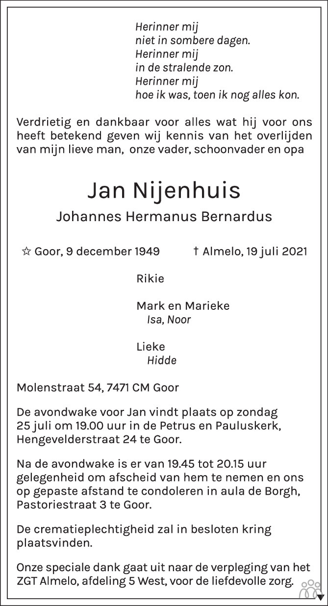 Jan (Johannes Hermanus Bernardus) Nijenhuis 19-07-2021 overlijdensbericht en condoleances ...