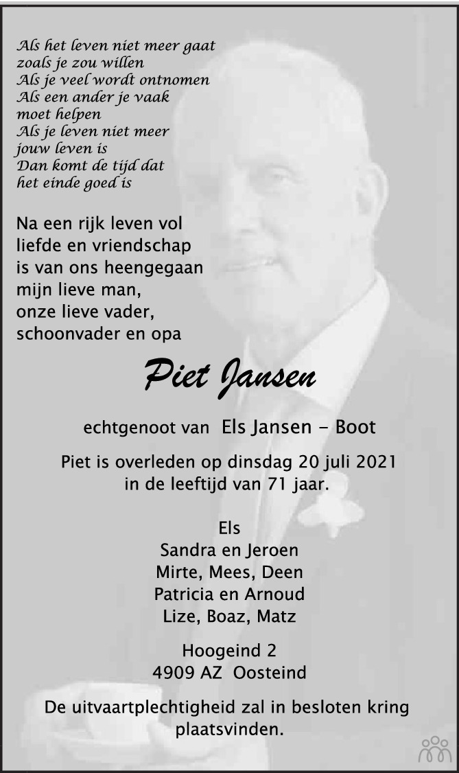 Piet Jansen 20-07-2021 overlijdensbericht en condoleances - Mensenlinq.nl