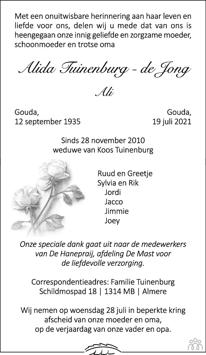Alida (Ali) Tuinenburg-de Jong 19-07-2021 overlijdensbericht en ...