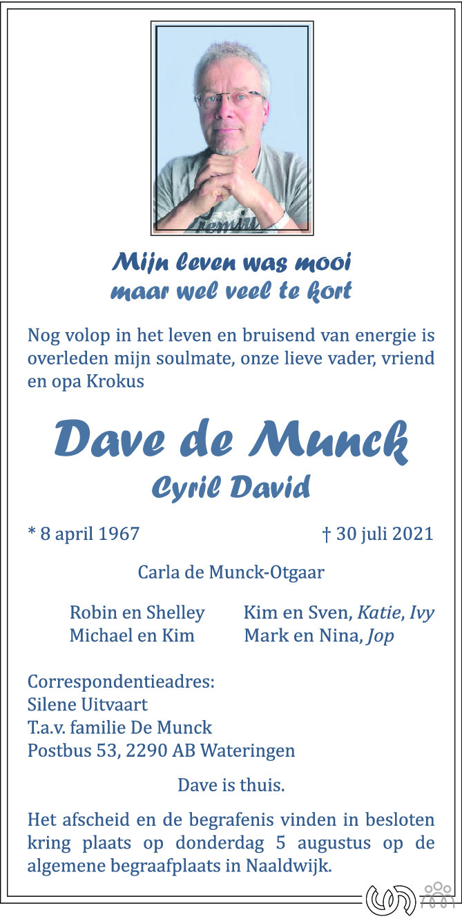 Dave (Cyril David) de Munck 30-07-2021 overlijdensbericht en ...