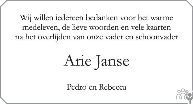 Arie Adriaan (Arie) Janse 17-06-2021 overlijdensbericht en condoleances ...