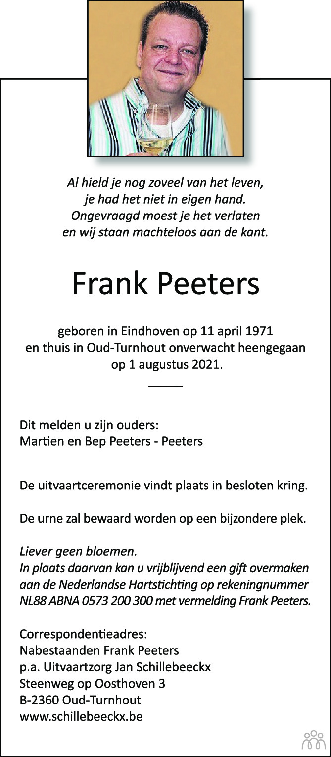 Frank Peeters 01-08-2021 overlijdensbericht en condoleances - Mensenlinq.nl