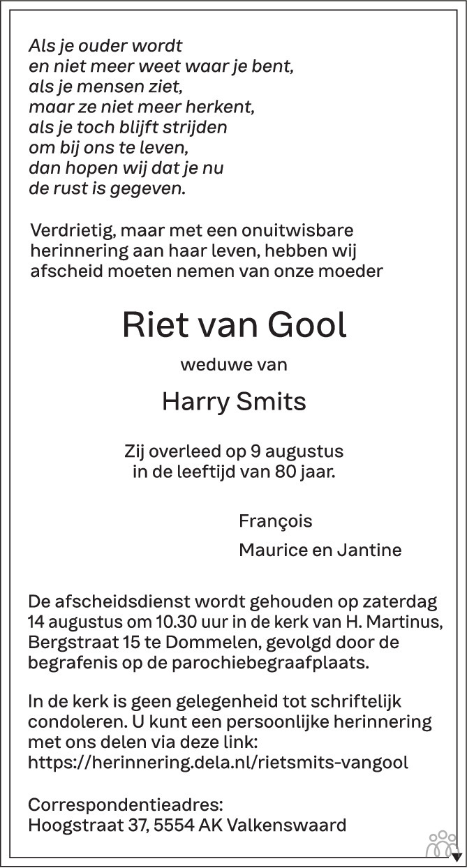 Riet Smits-van Gool 09-08-2021 overlijdensbericht en condoleances ...