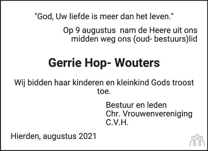 Gerrie Hop-Wouters 09-08-2021 overlijdensbericht en condoleances ...