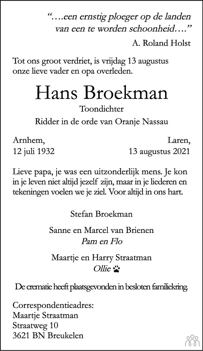 Hans Broekman 13-08-2021 overlijdensbericht en condoleances - Mensenlinq.nl
