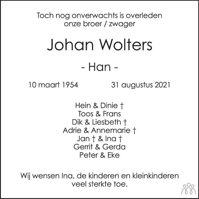 Johan (Han) Wolters 31-08-2021 overlijdensbericht en condoleances ...