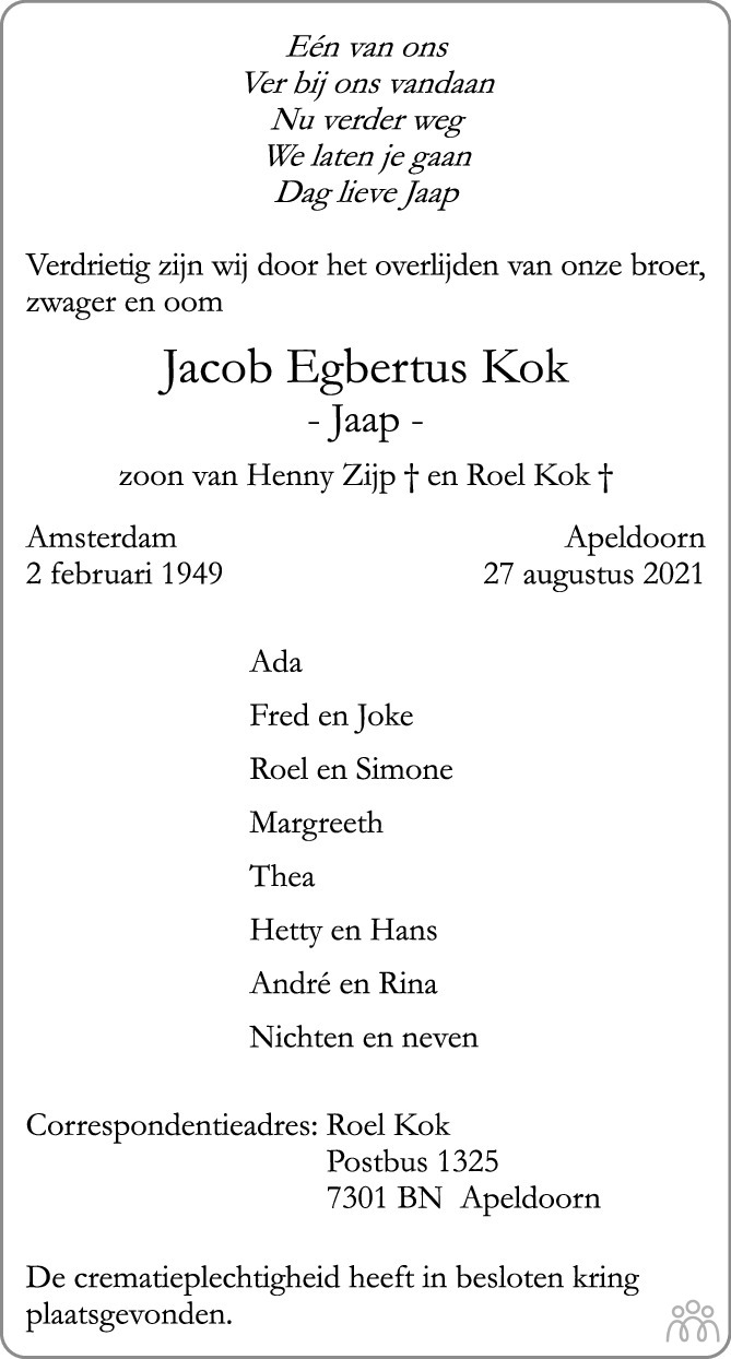 Jacob Egbertus (Jaap) Kok 27-08-2021 overlijdensbericht en condoleances ...