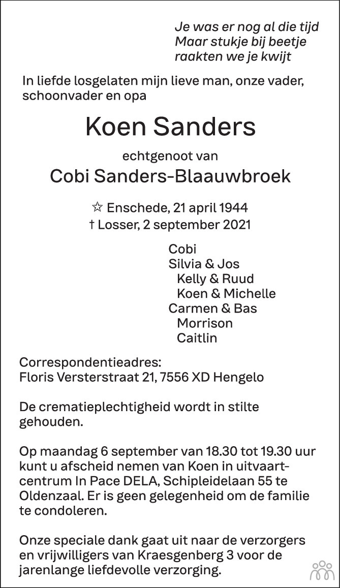 Koen Sanders 02-09-2021 overlijdensbericht en condoleances - Mensenlinq.nl
