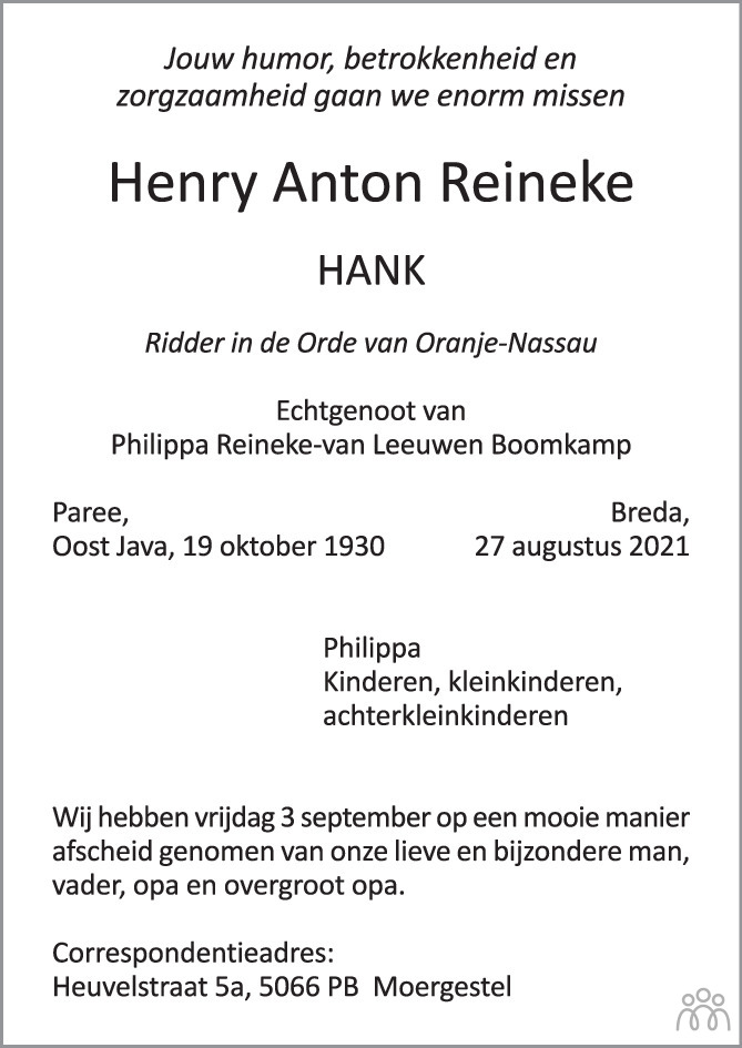 Henry Anton (Hank) Reineke 27-08-2021 overlijdensbericht en condoleances - Mensenlinq.nl