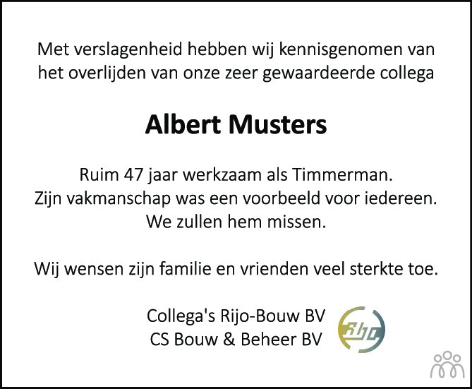 Albert Musters 16-09-2021 overlijdensbericht en condoleances ...