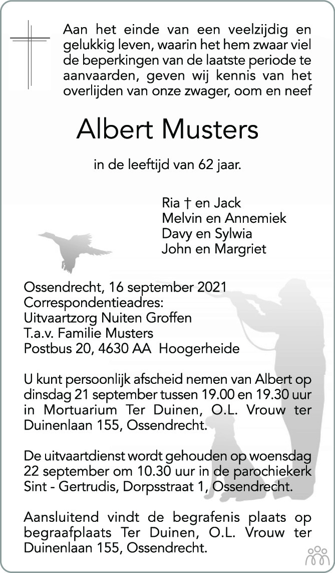Albert Musters 16-09-2021 overlijdensbericht en condoleances ...