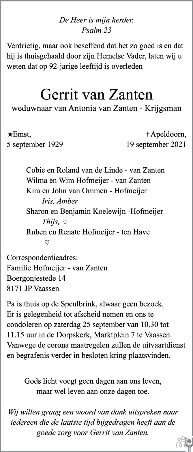 Gerrit van Zanten 19-09-2021 overlijdensbericht en condoleances ...