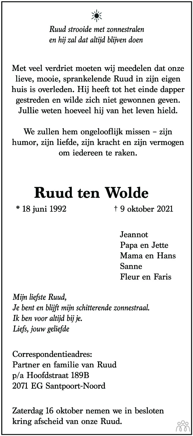 Ruud ten Wolde 09-10-2021 overlijdensbericht en condoleances ...