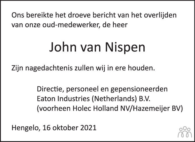 John van Nispen 16-10-2021 overlijdensbericht en condoleances ...