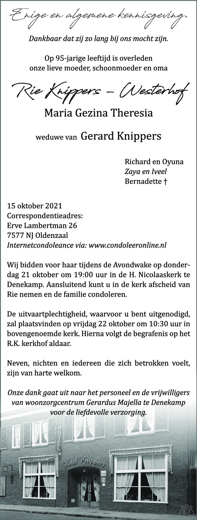 Rie (Maria Gezina Theresia) Knippers-Westerhof 15-10-2021 ...