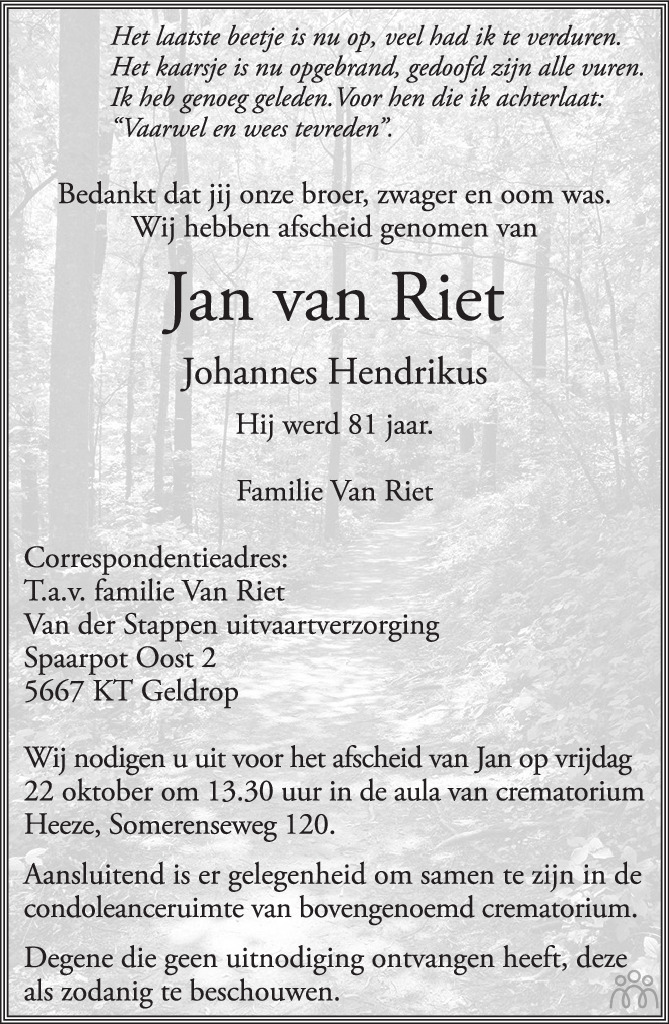 Jan (Johannes Hendrikus) van Riet 16-10-2021 overlijdensbericht en ...