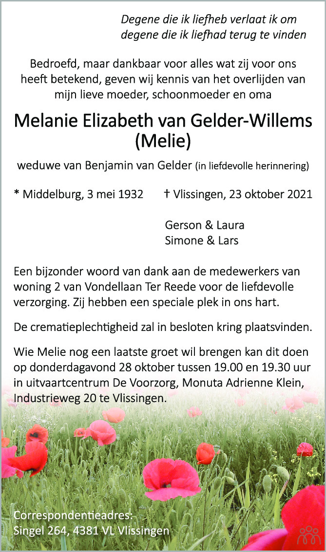 Melanie Elizabeth (Melie) van Gelder-Willems 23-10-2021 ...