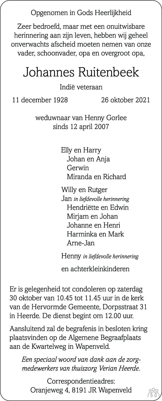 Johannes Ruitenbeek 26-10-2021 overlijdensbericht en condoleances ...
